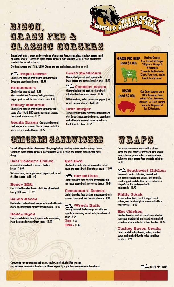 Menu at Trainwreck Saloon Westport restaurant, Maryland Heights