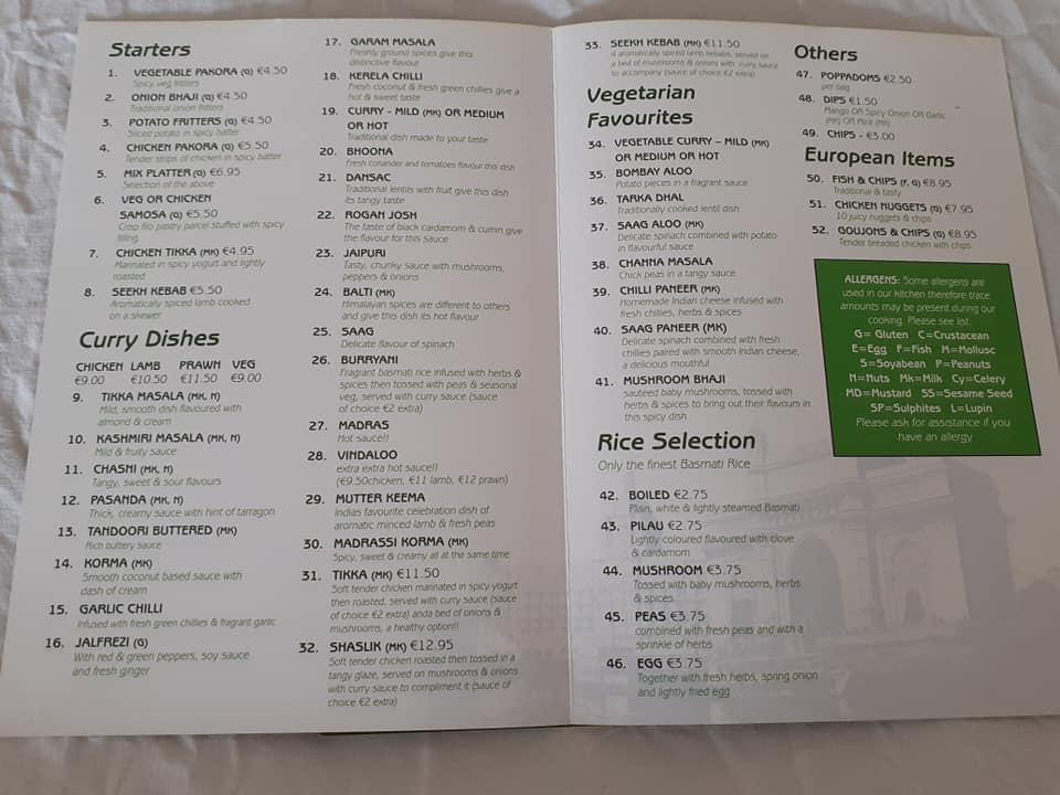 Menu at Bombay Palace restaurant, Castlerea