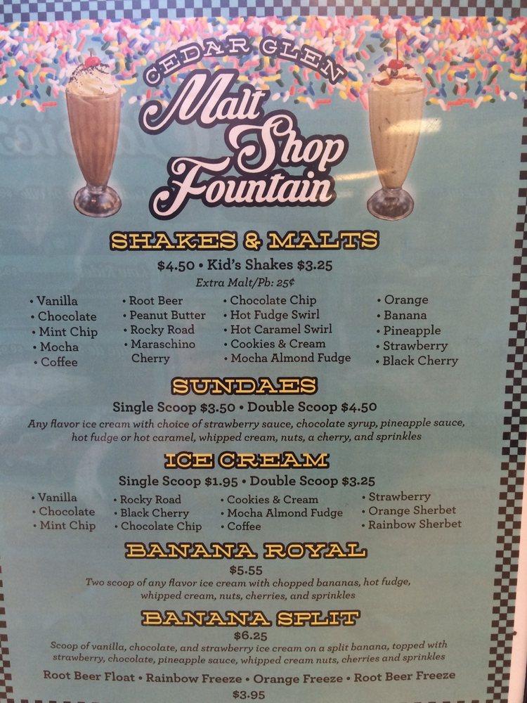 Menu at Cedar Glen Malt Shop restaurant, Lake Arrowhead