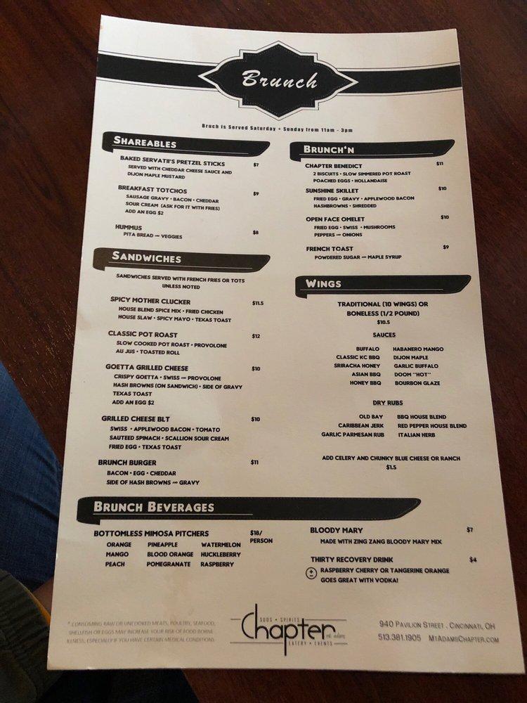 Menu at Chapter Mt.Adams pub & bar, Cincinnati