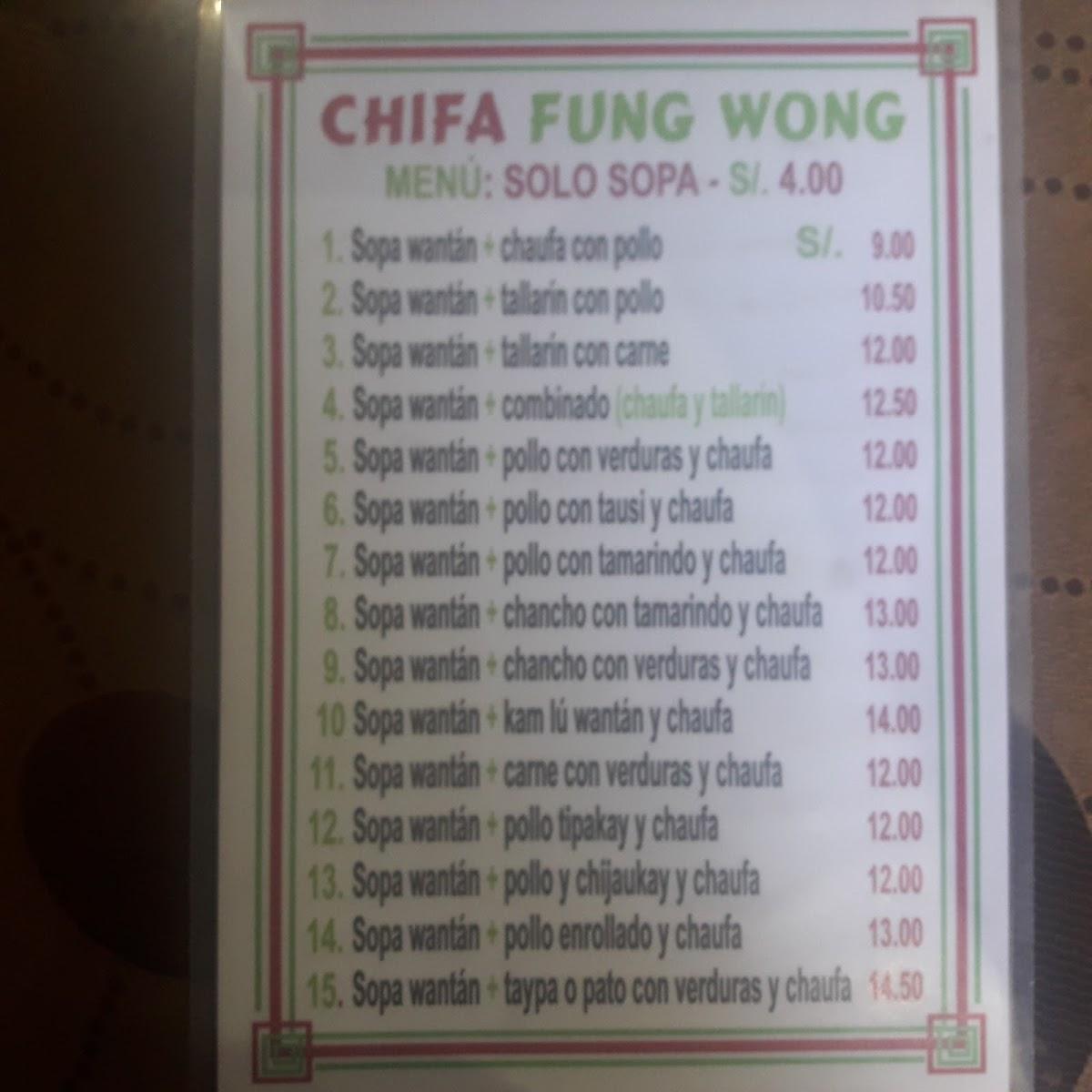 Carta del restaurante Chifa FUNG WONG, La Victoria, Av. Canadá 1325
