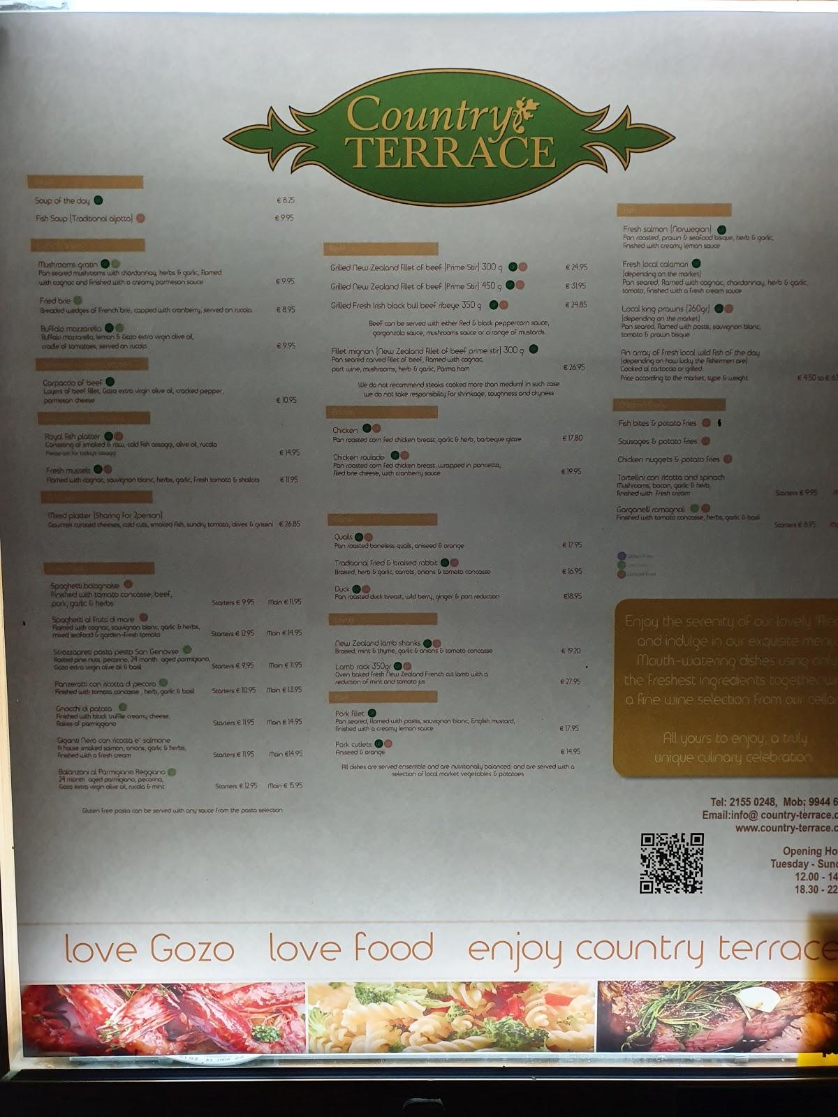 Menu at Country Terrace Mgarr Gozo Malta restaurant, Ghajnsielem