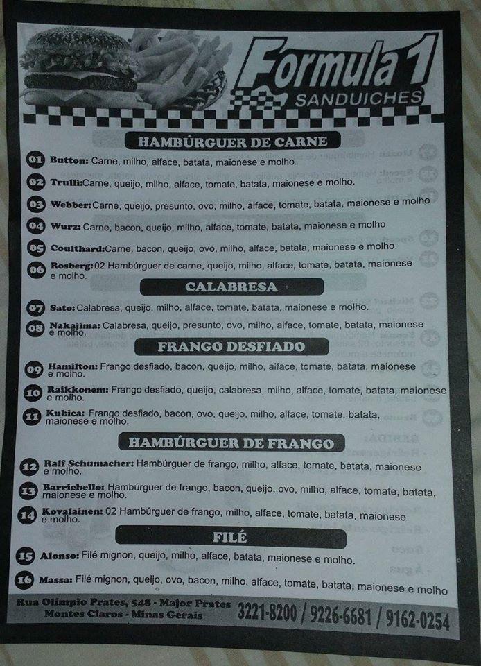 Menu at Formula1 Lanches restaurant, Montes Claros, Rua Olimpio Prates