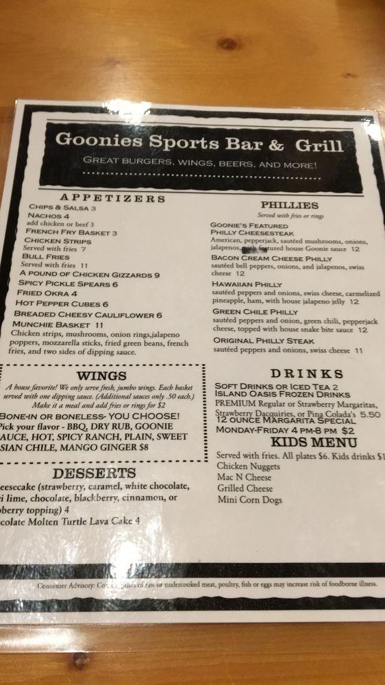 Menu at Goonies pub & bar, Scottsbluff