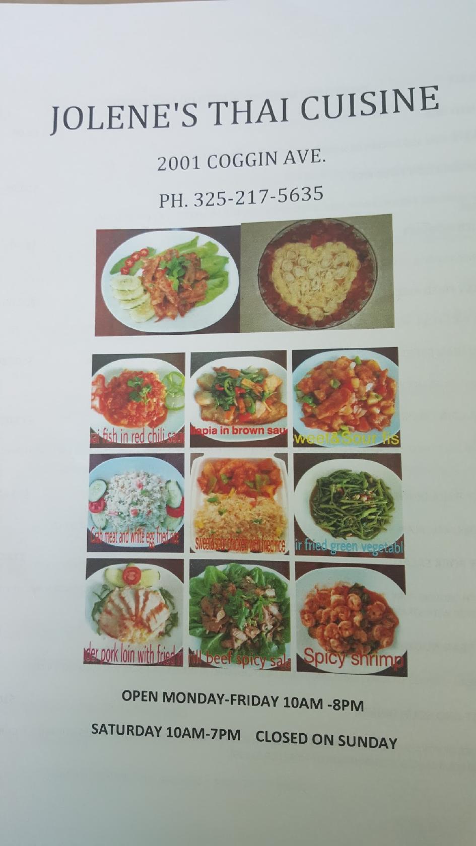 Menu at Jolene's Thai Cuisine restaurant, Brownwood