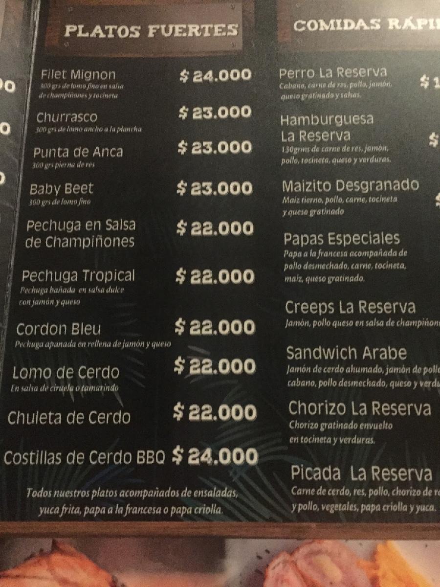 Menu at La Reserva Restaurante Bar, Puerto Boyacá