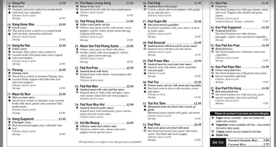 Menu at Le Cafe Siam, Saint Thomas
