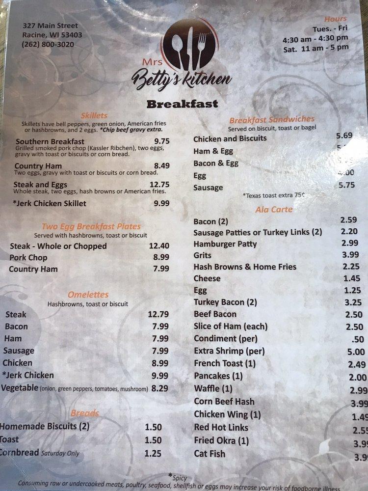 Menu at Mrs Betty's Kitchen restaurant, Racine