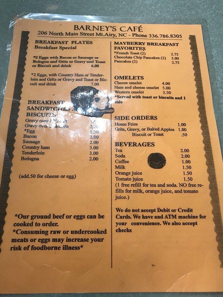 Menu at Barney's Cafe, Mount Airy