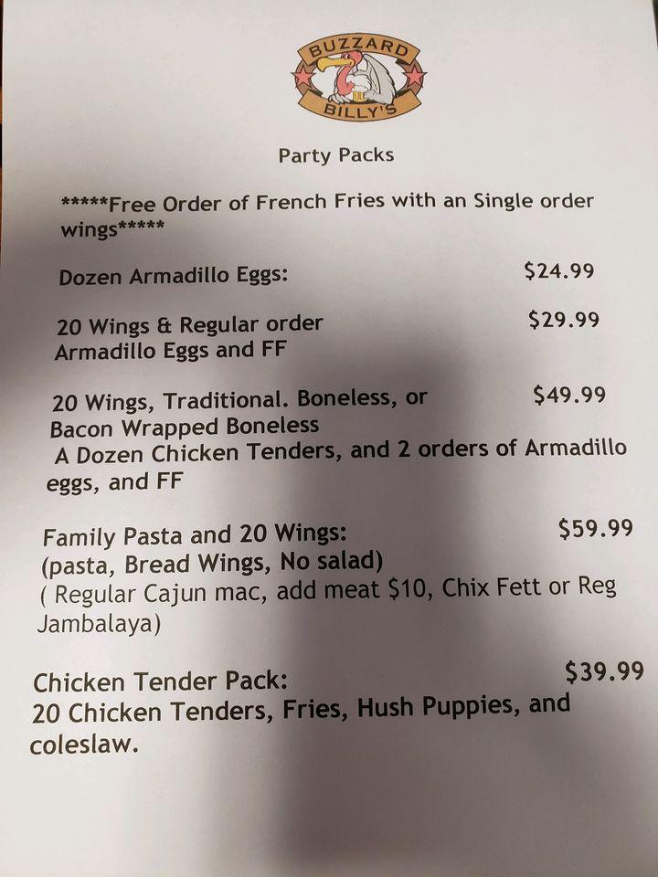 Menu at Buzzard Billy’s restaurant, Des Moines, 615 3rd St