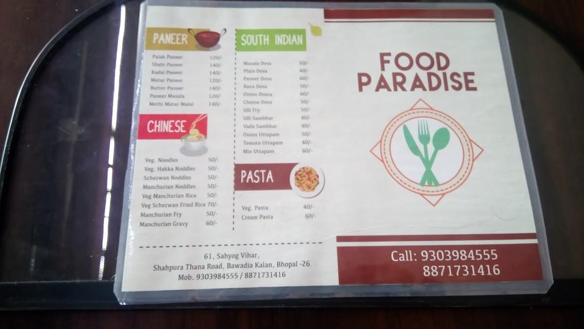 Menu at Food Paradise, Bhopal, 5CPP+J4V