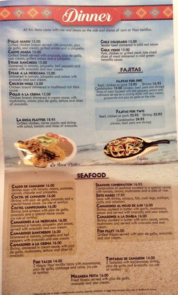 Menu at La Roca restaurant, Lincoln City, US-101