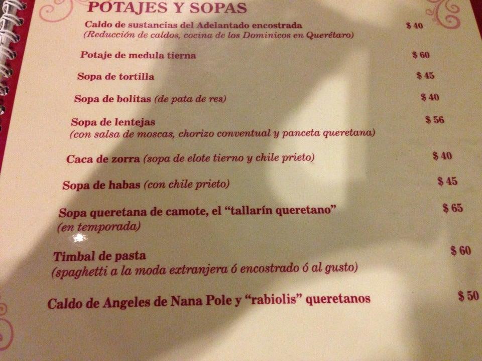 Carta de Restaurante Las Monjas, Santiago de Querétaro