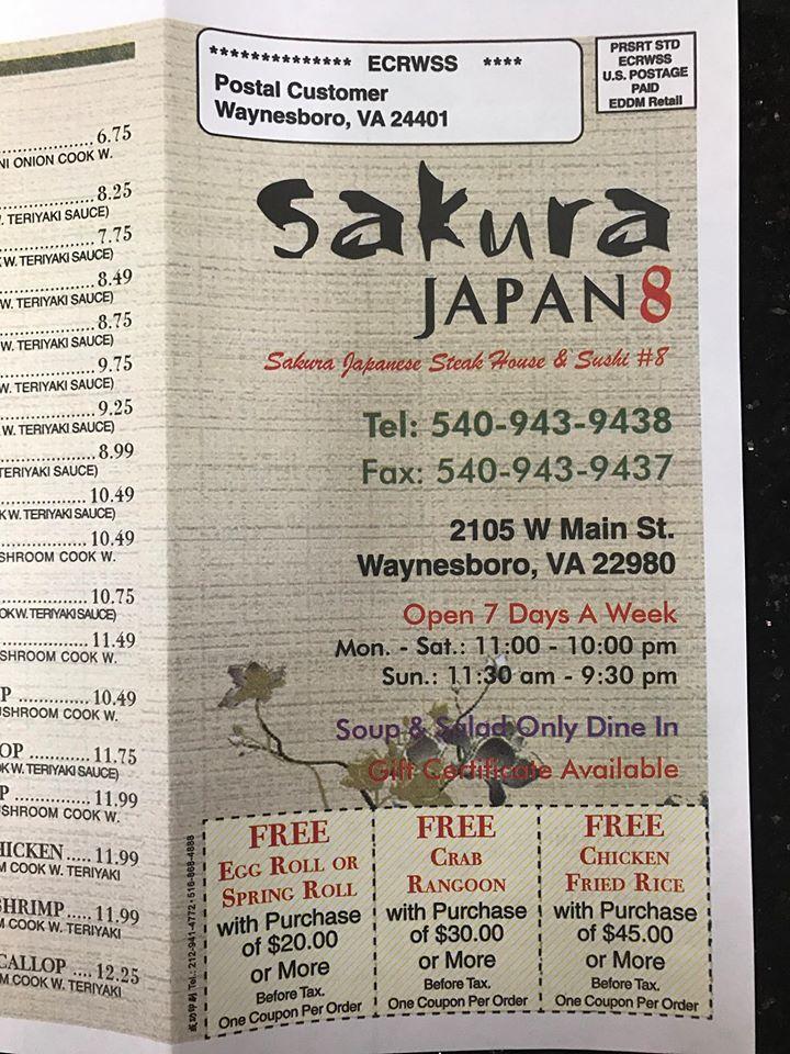 Menu at Sakura Japanese restaurant, Waynesboro