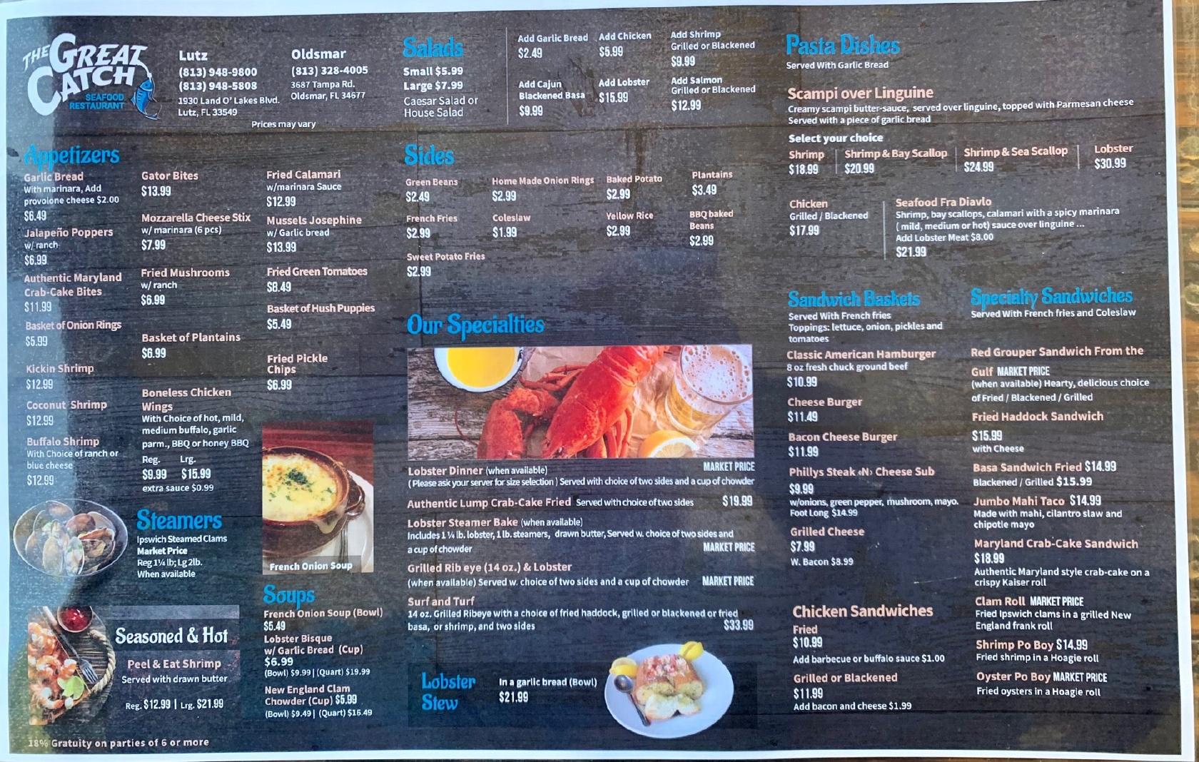 Menu at The Great Catch by Taste of Boston restaurant, Lutz