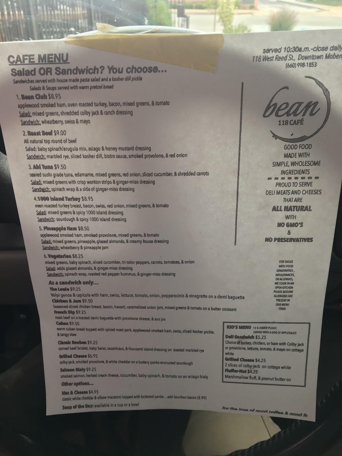 Menu at Bean cafe, Moberly