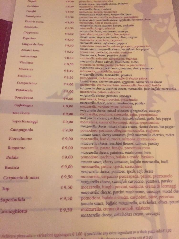 Menu da Pizzeria Dar Poeta, Roma, Vicolo del Bologna