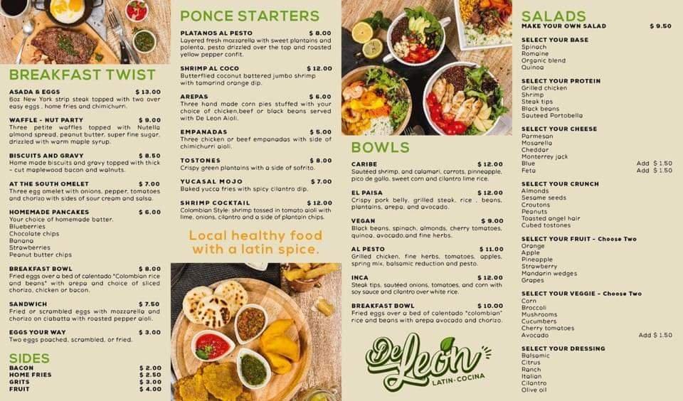 Menu at De Leon Latin Cocina restaurant, St. Augustine