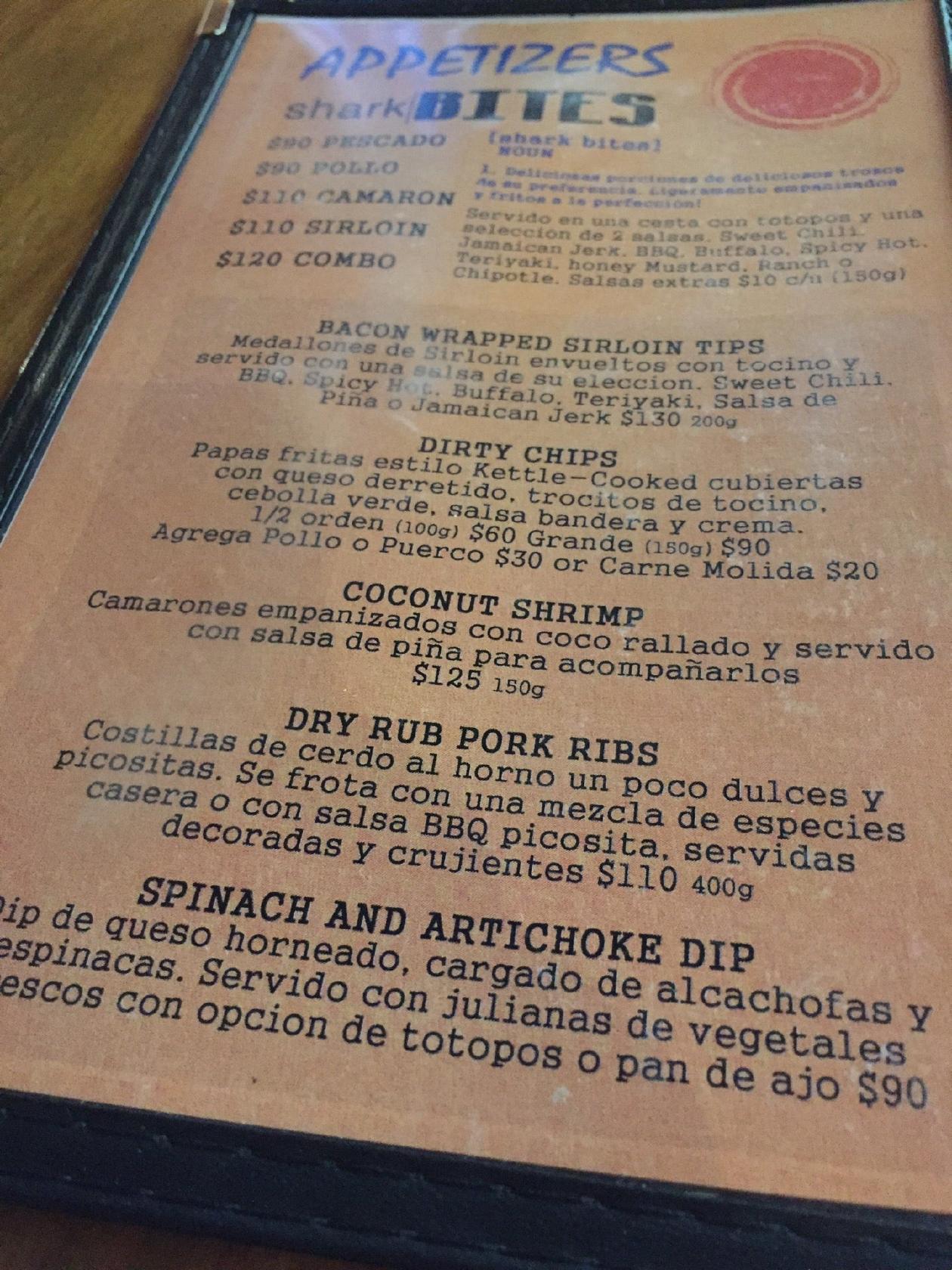 Menu at Hammerhead's pub & bar, San Carlos