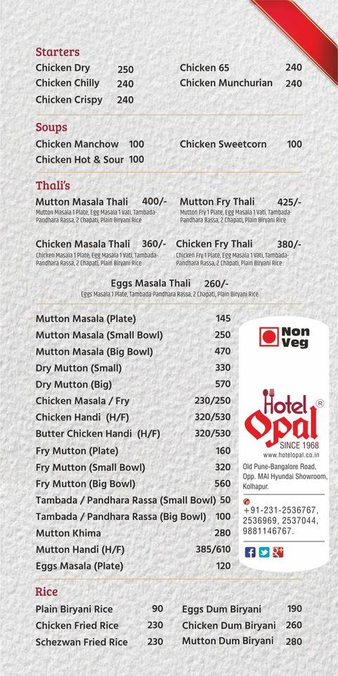 Menu at Hotel Opal, Kolhapur