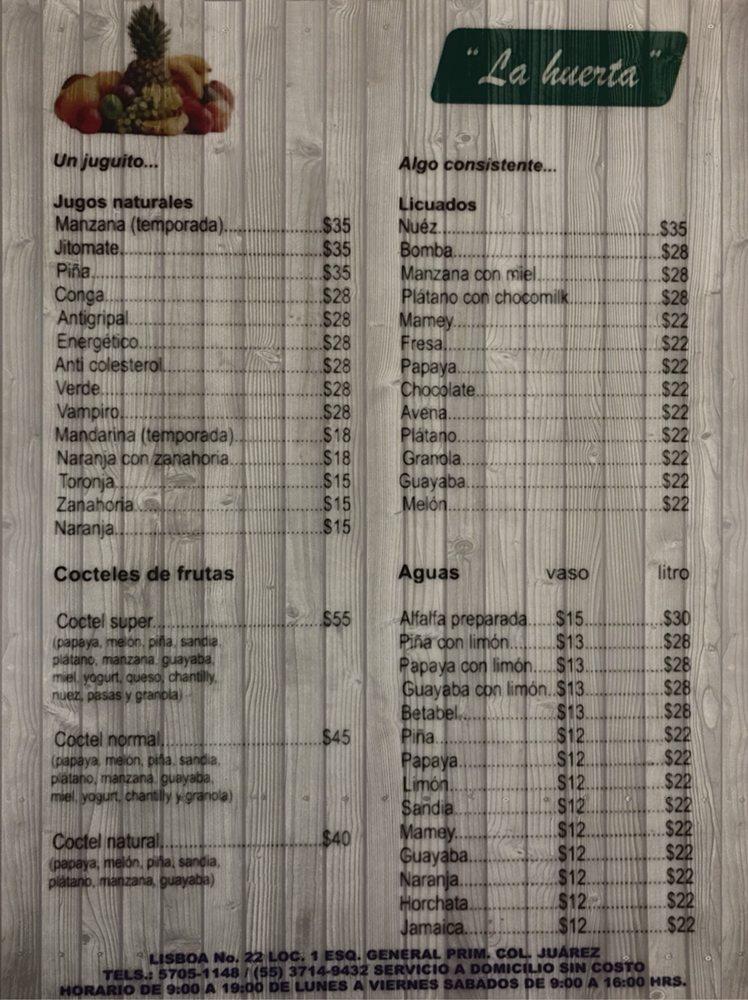 Menu at La Huerta restaurant, Mexico City, Calle Lisboa 22