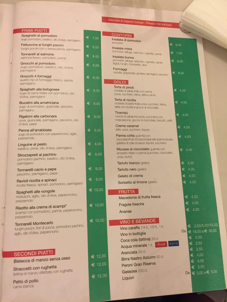 Menu at La Montecarlo pizzeria, Rome, Vicolo Savelli