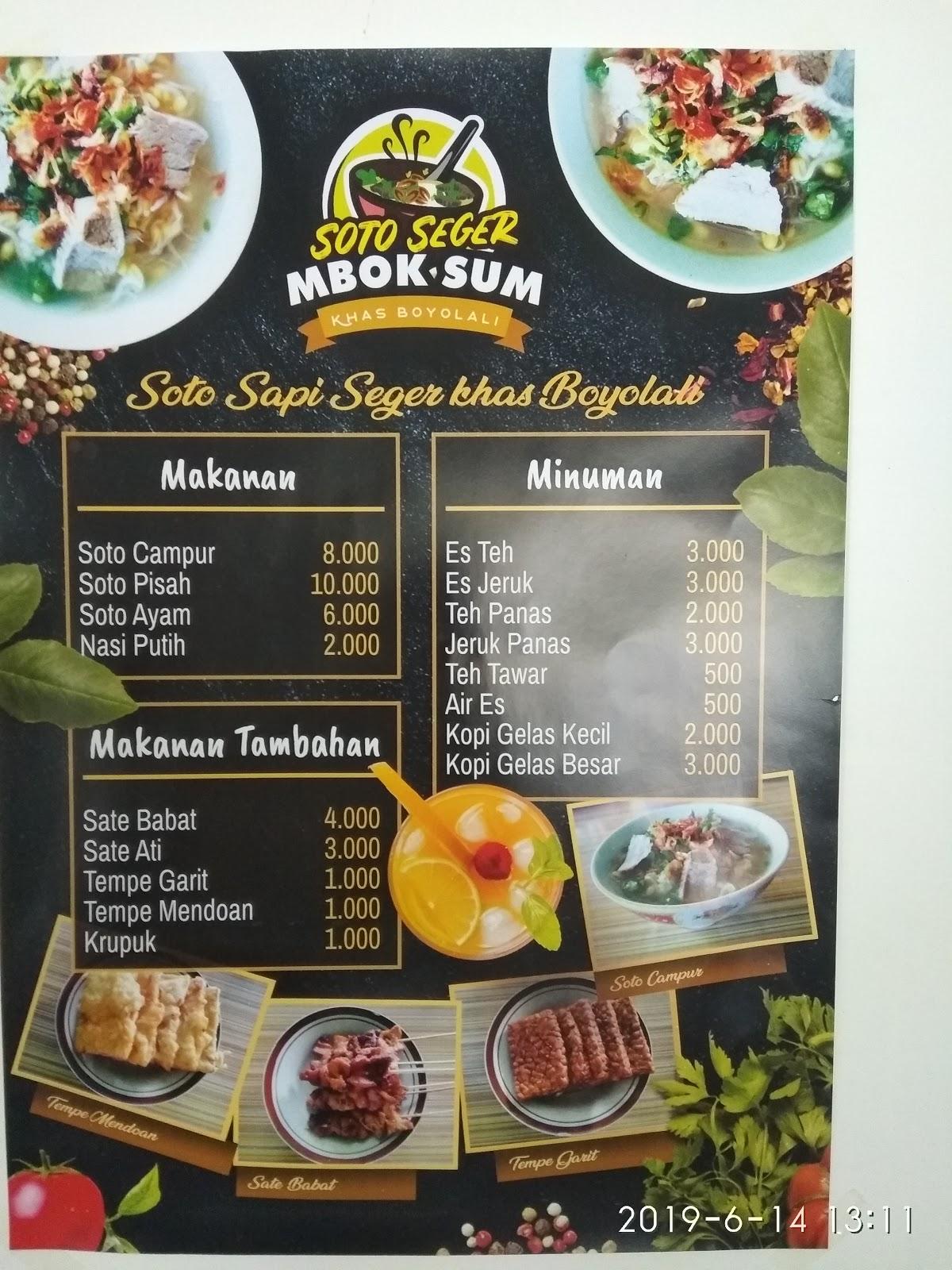Menu at Soto Seger Boyolali Mbok Sum restaurant, Yogyakarta