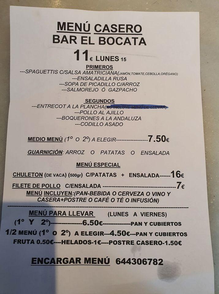 Menu at El Bocata pub & bar, Madrid