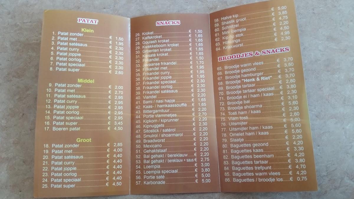Menu at Snackbar "Henk en Riet", Putten