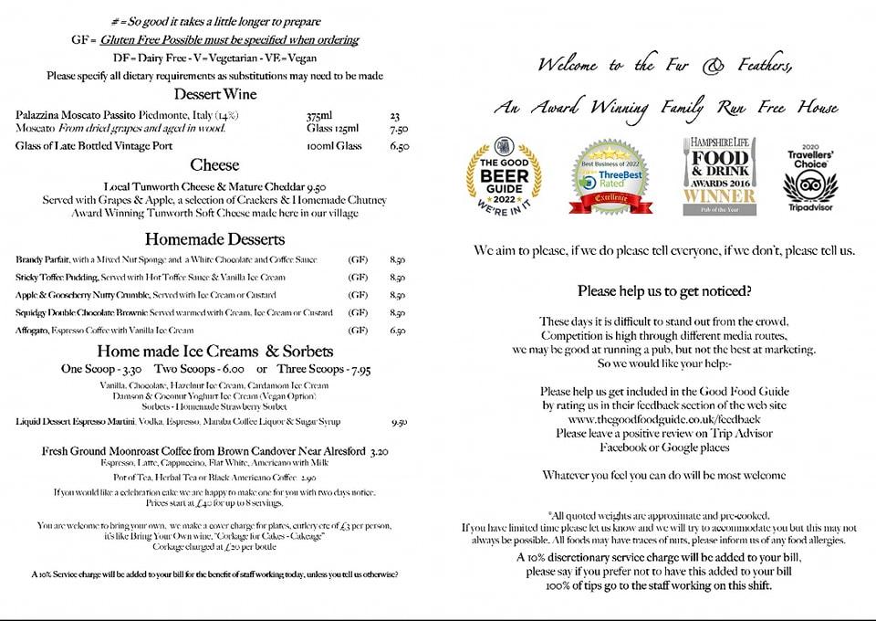 Menu at The Fur & Feathers pub & bar, Basingstoke