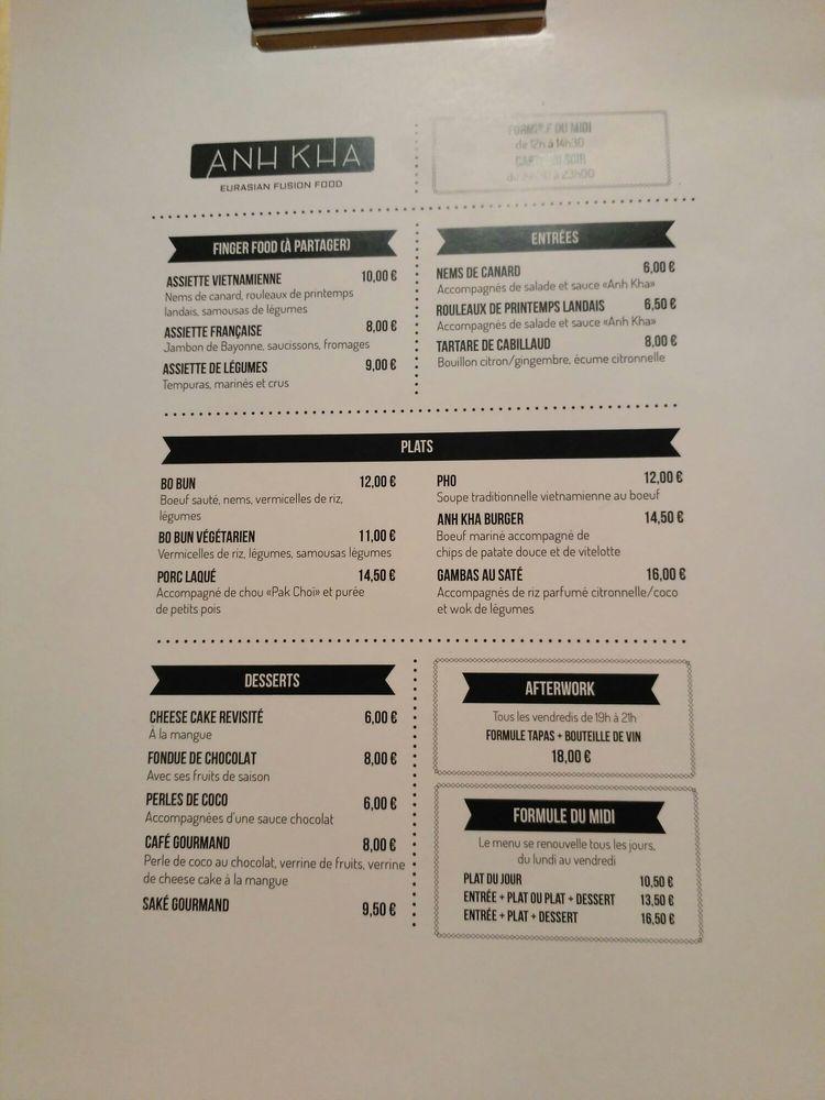 Menu at Anh Kha restaurant, Bordeaux