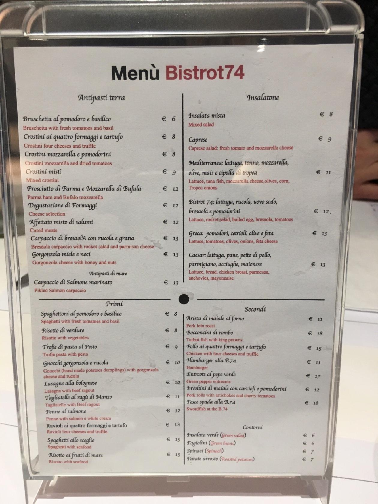 Menu at Bistrot 74 pub & bar, Florence