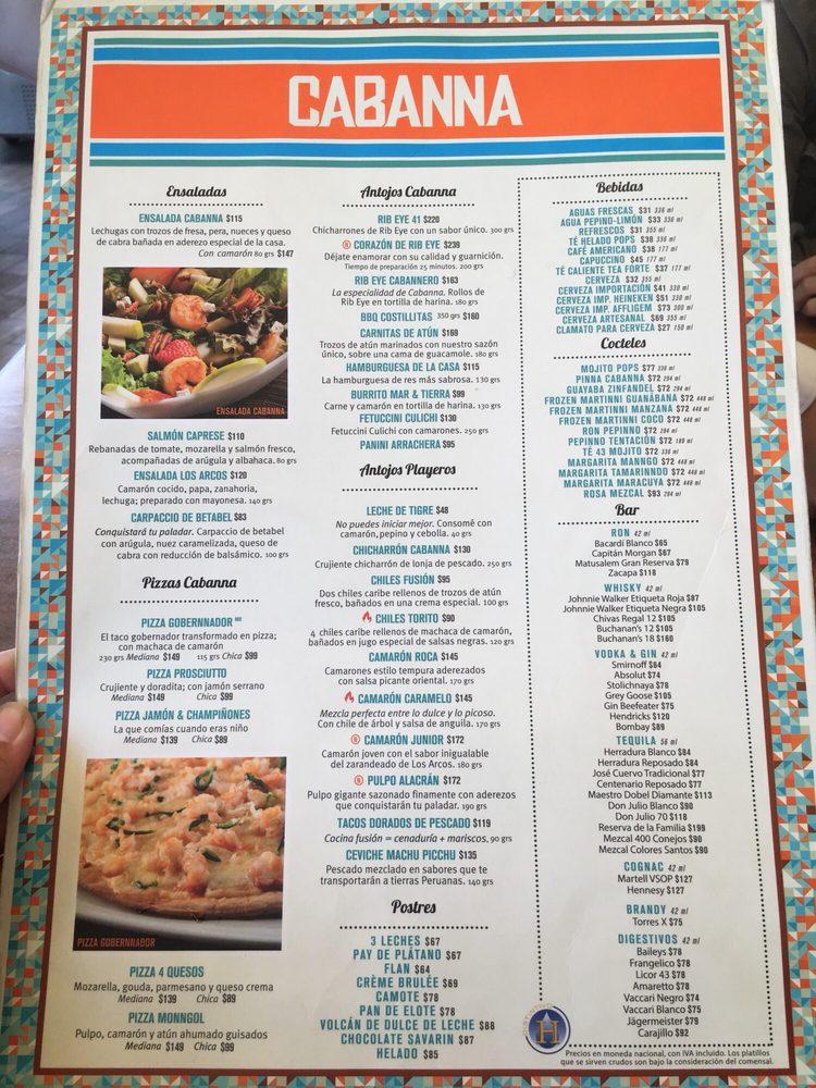 Menu at Cabanna restaurant, Tijuana