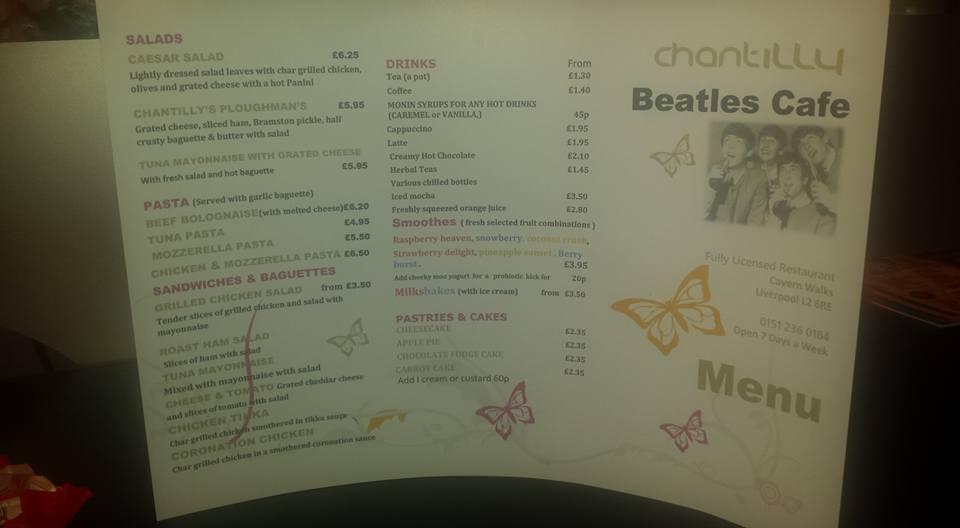 Menu at Chantilly Beatles Cafe, Liverpool