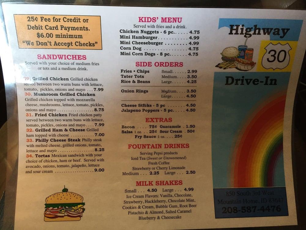 Menu at Highway 30 Drive-in restaurant, Mountain Home