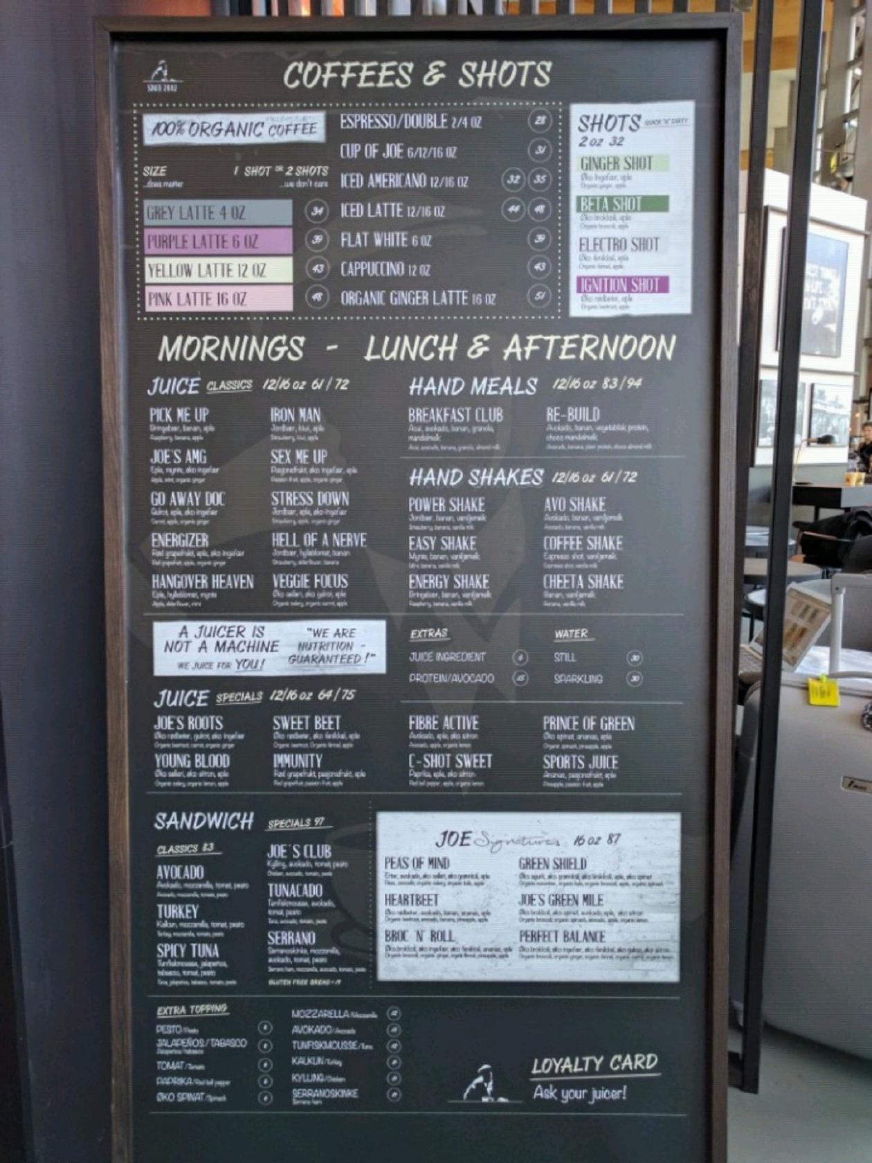 Menu at JOE & THE JUICE cafe, Gardermoen, Oslo Lufthavn Gardermoen