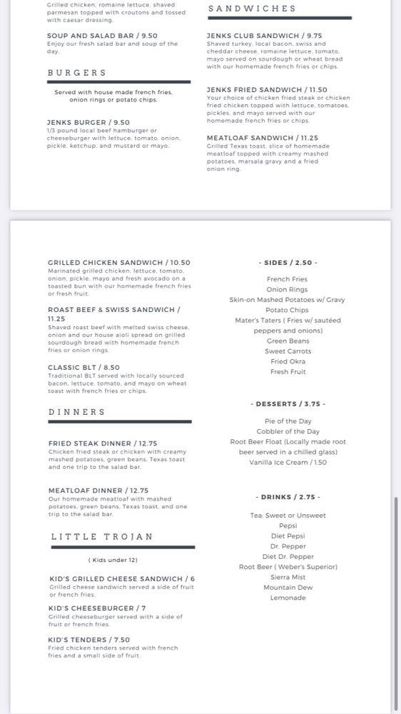 Menu at Jenks Restaurant, Jenks