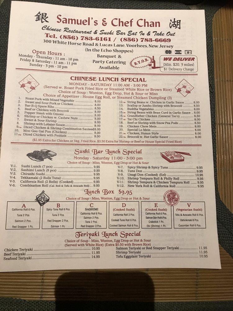 Menu at Samuel’ & Chef Chan Restaurant, Voorhees Township