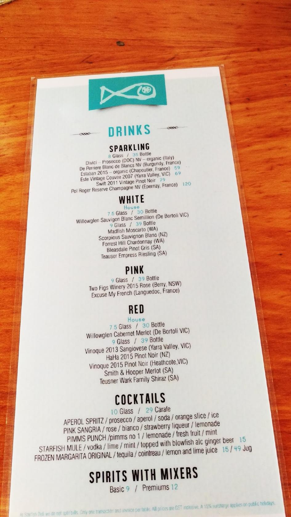 Menu at Starfish pub & bar, Batemans Bay