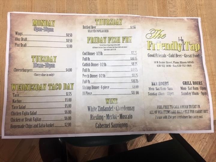 Menu at The Friendly Tap pub & bar, Plano
