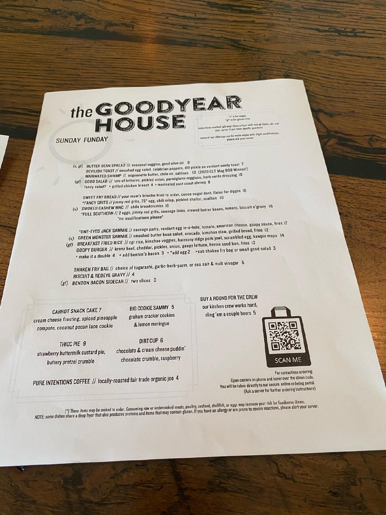 Menu at The Goodyear House pub & bar, Charlotte