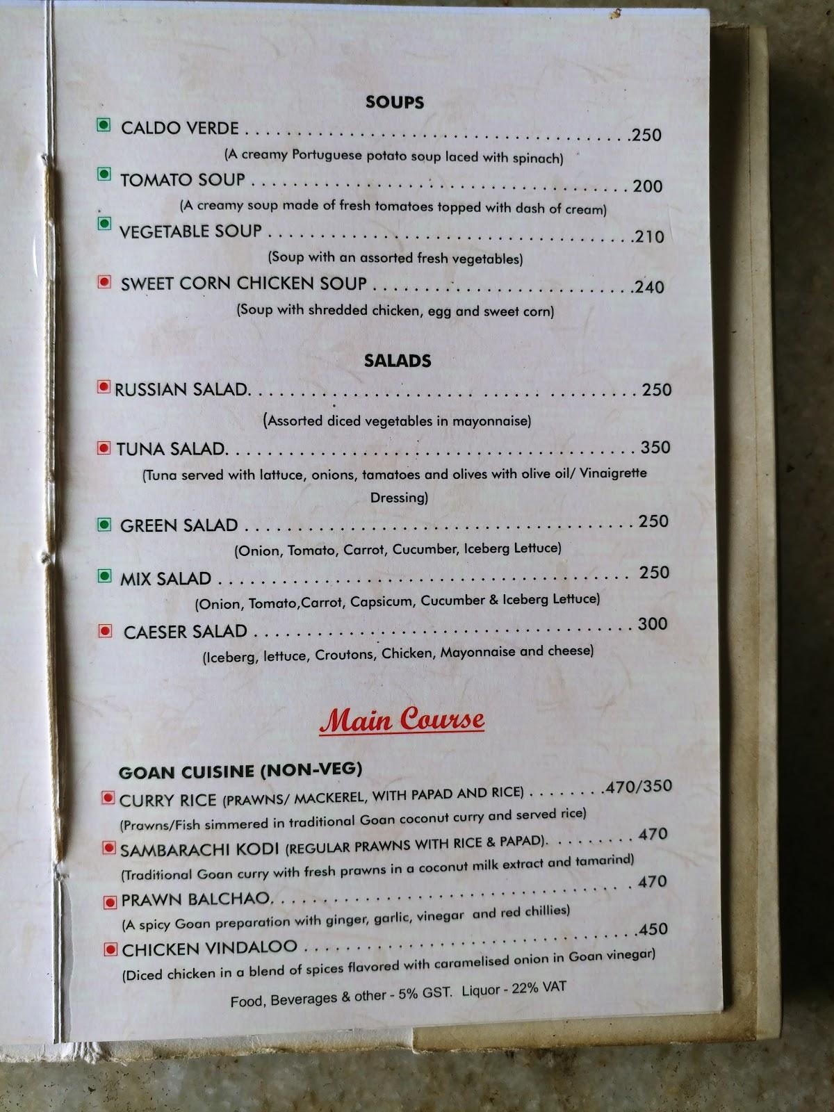 Menu at The Verandah Restaurant, Panaji, FRWJ+7J2