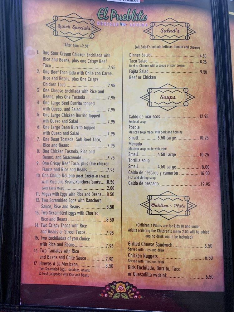Menu at El Pueblito Mexican Cocina restaurant, Plano