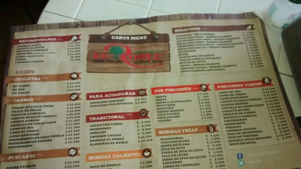Carta de Restaurante El Roble, Colombia, Km 12 Via Armenia- Pereira