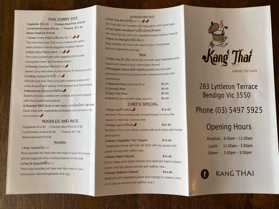 Menu at Kang Thai restaurant, Bendigo, 283 Lyttleton Terrace