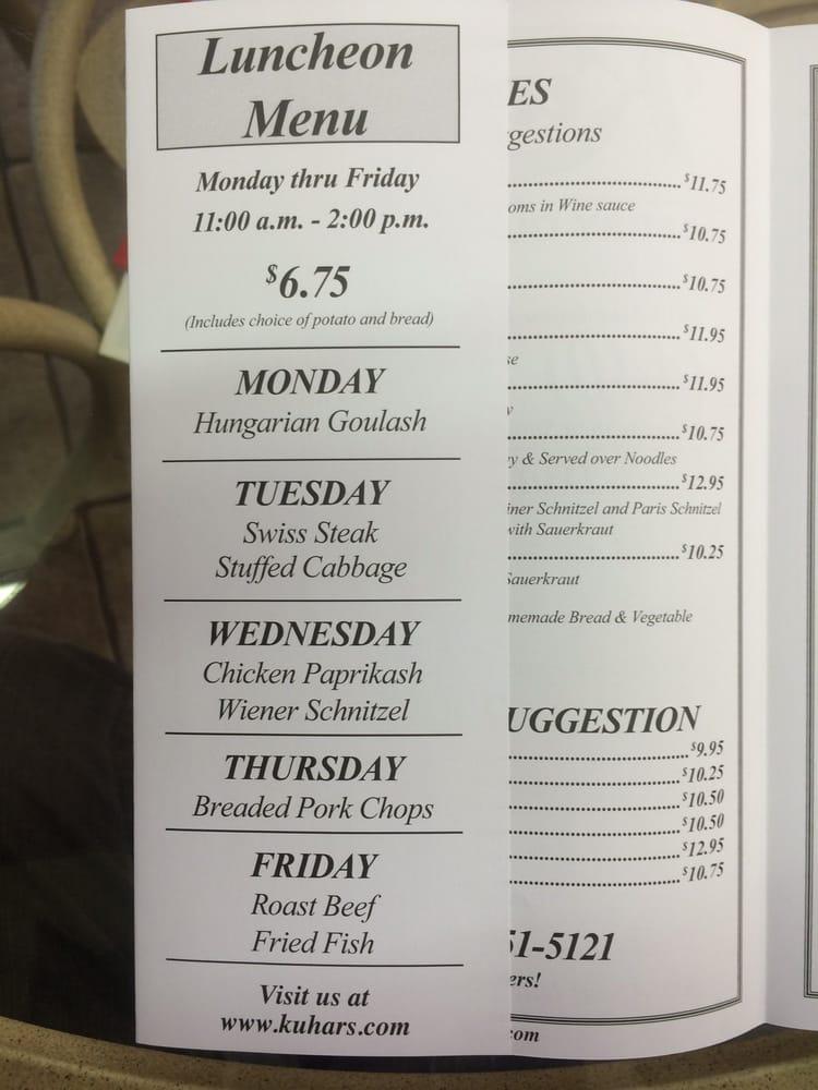 Menu at Kuhar's Carryout restaurant, Mentor
