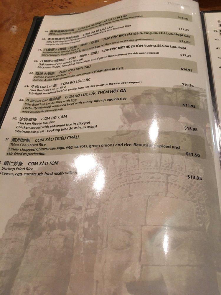 Menu at Phnom Penh Restaurant, Vancouver