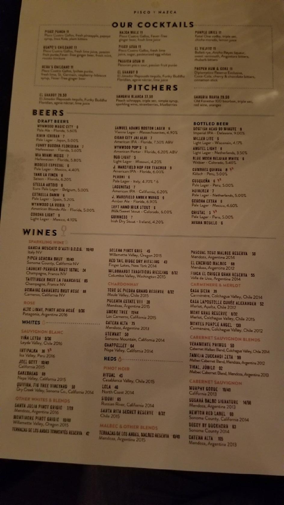Carta de Pisco Y Nazca Ceviche Gastrobar, Miami, Mills Dr Suite 206