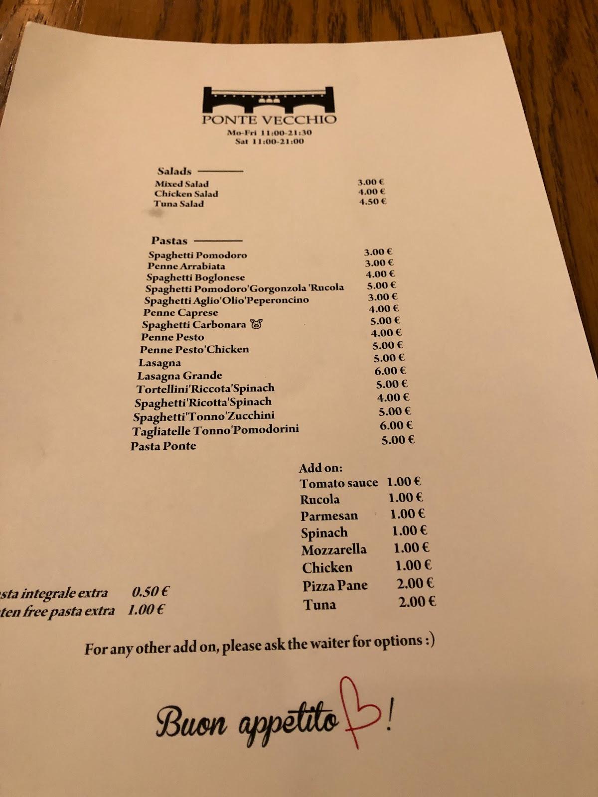 Menu at Ponte Vecchio restaurant, Prishtina, Fehmi Agani