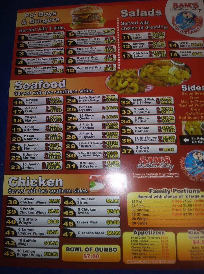 Menu at Sam's Southern Eatery restaurant, Evansville, 420 S Green River ...